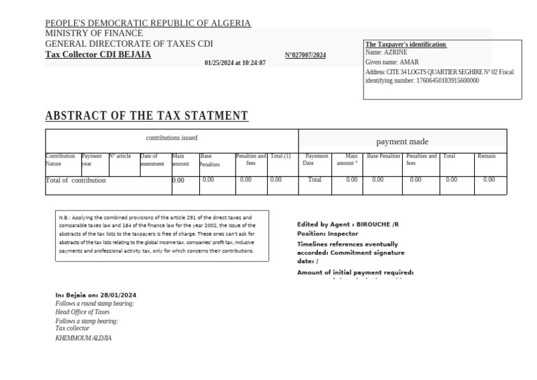 Tax Statement Summary for Algerian Taxpayer | PDF | Taxes | Money