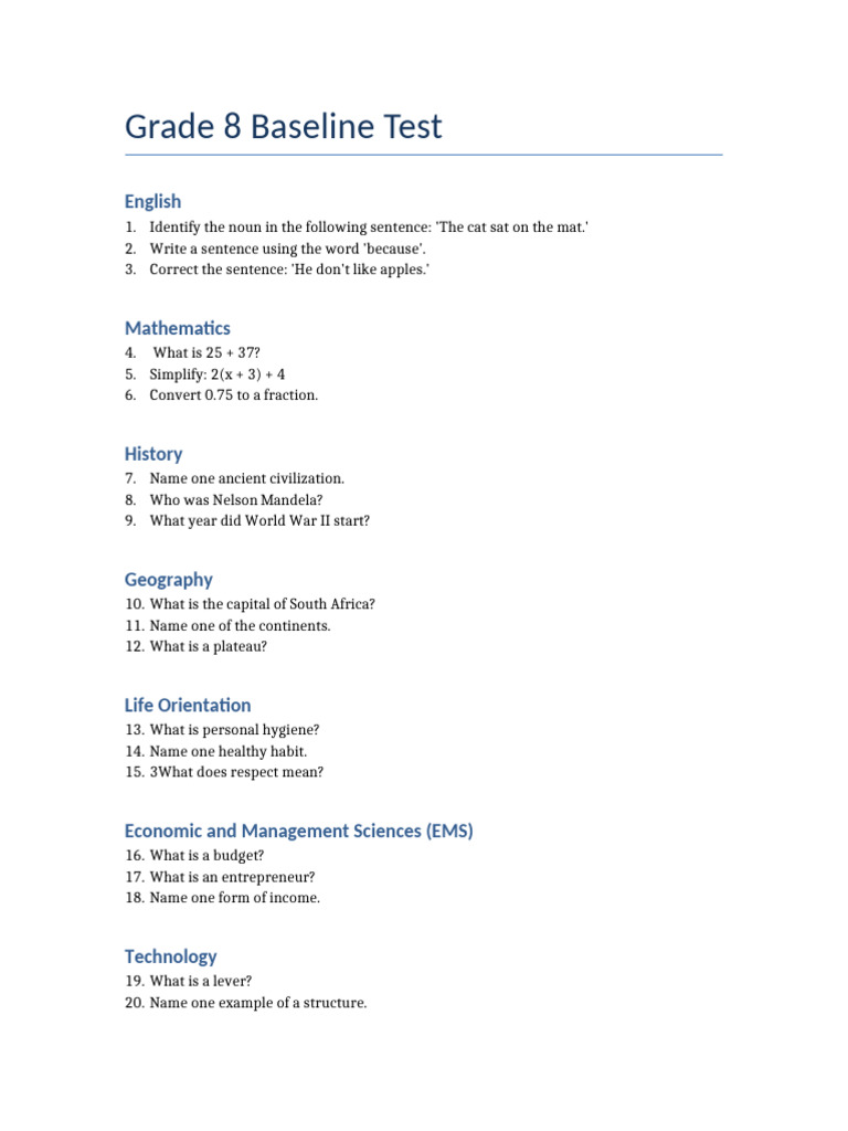 Grade 8 Baseline Test Overview | PDF