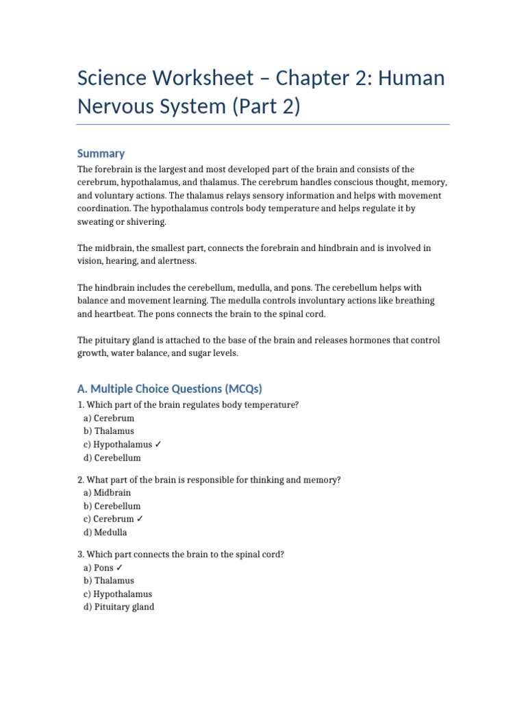Science Worksheet Chapter 2 Part2 Filled Blanks | PDF | Brain | Hypothalamus
