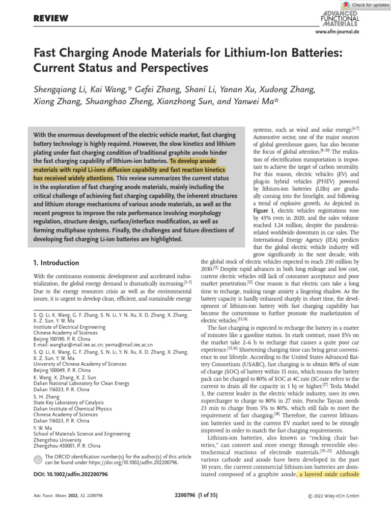 Adv Funct Materials - 2022 - Li - Fast Charging Anode Materials For Lithium Ion Batteries ...