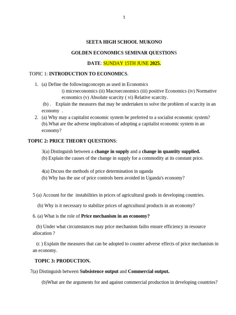 2025 Economics Seminar Questions | PDF | Cost Of Living | Economics