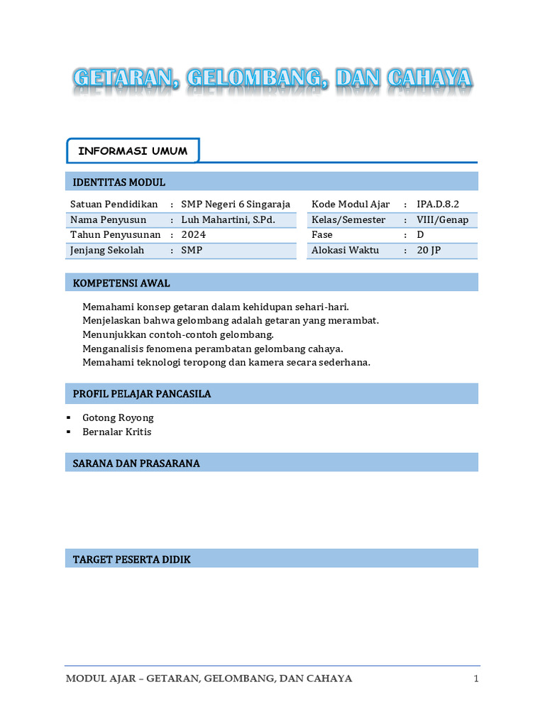 MODUL - GETARAN, GELOMBANG, & CAHAYA - Ibu Emy | PDF