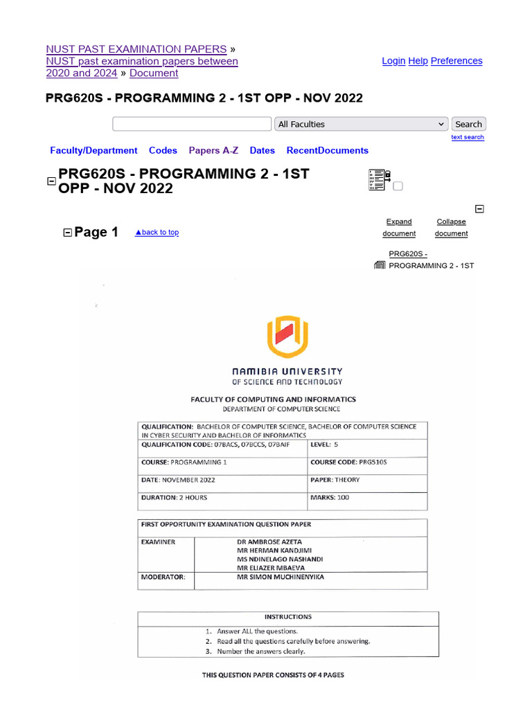 Prg620s - Programming 2 - 1st Opp - Nov 2022 __ Nust Past Examination Papers Between 2020 and ...