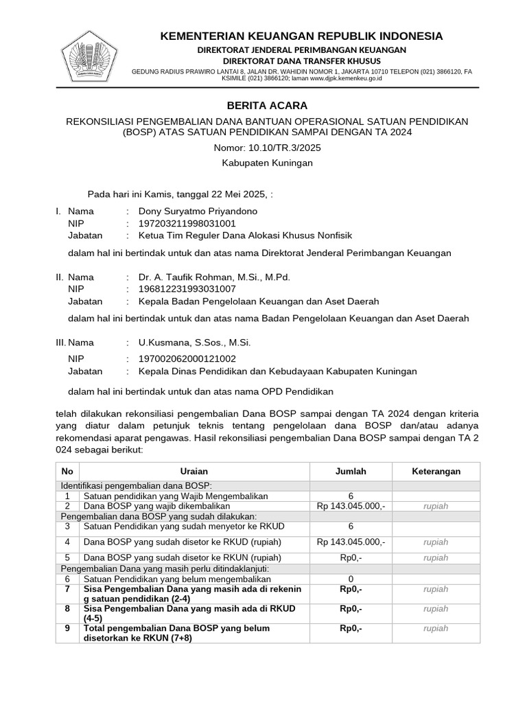 Berita Acara - Rekon Pengembalian Bosp Jenjang Paud | PDF