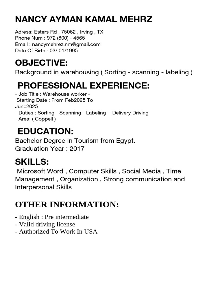 Warehouse Worker Resume for Nancy Mehrz | PDF