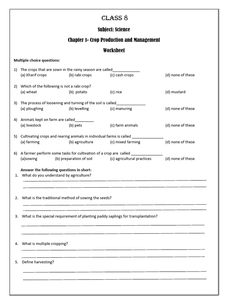 Class 8th Subject Science - Worksheet 1 | PDF | Agriculture | Crops