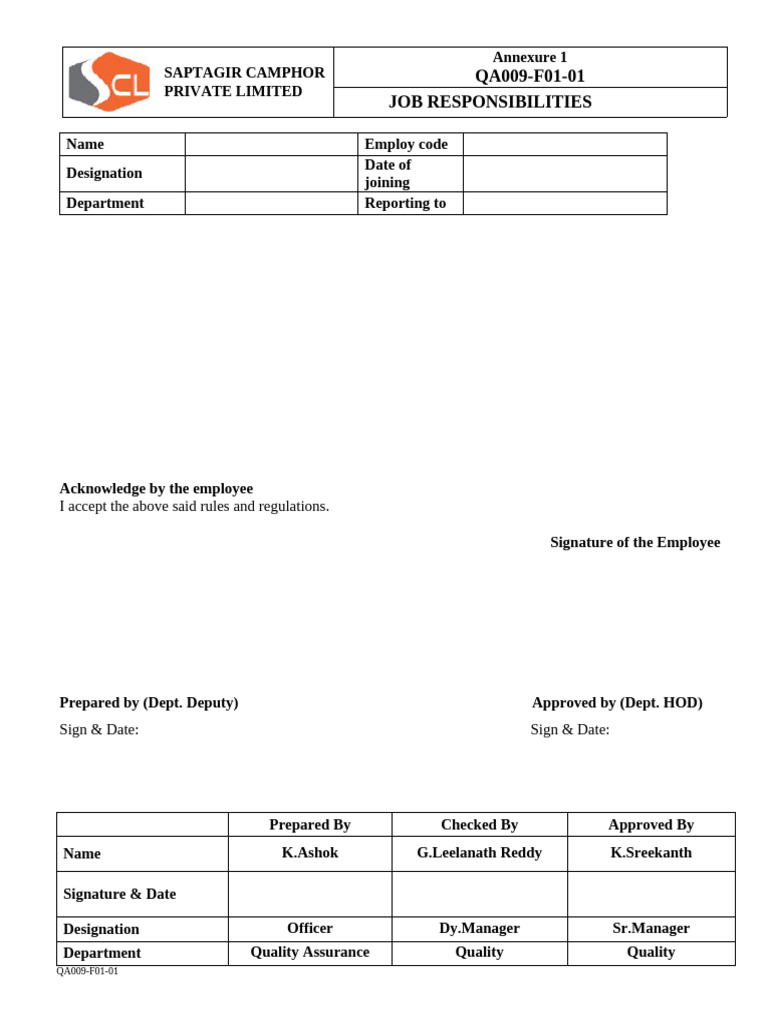 Annexure - 1 (QA009-F01-01) - Job Responsibility | PDF