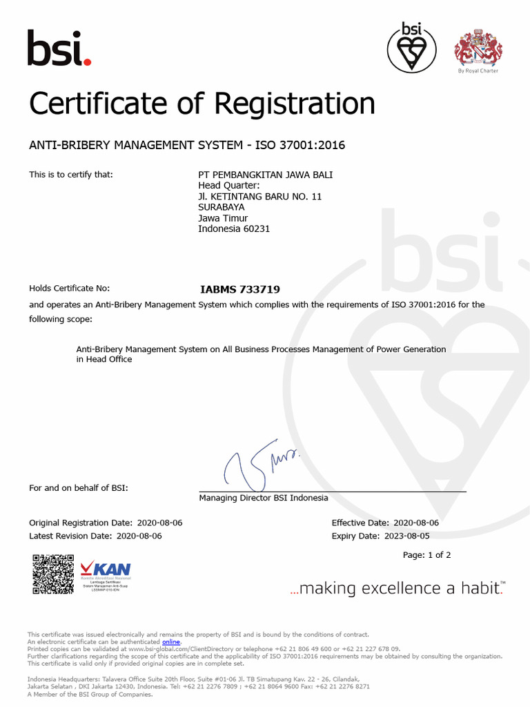 Sertifikat ISO 37001 PT PJB | PDF