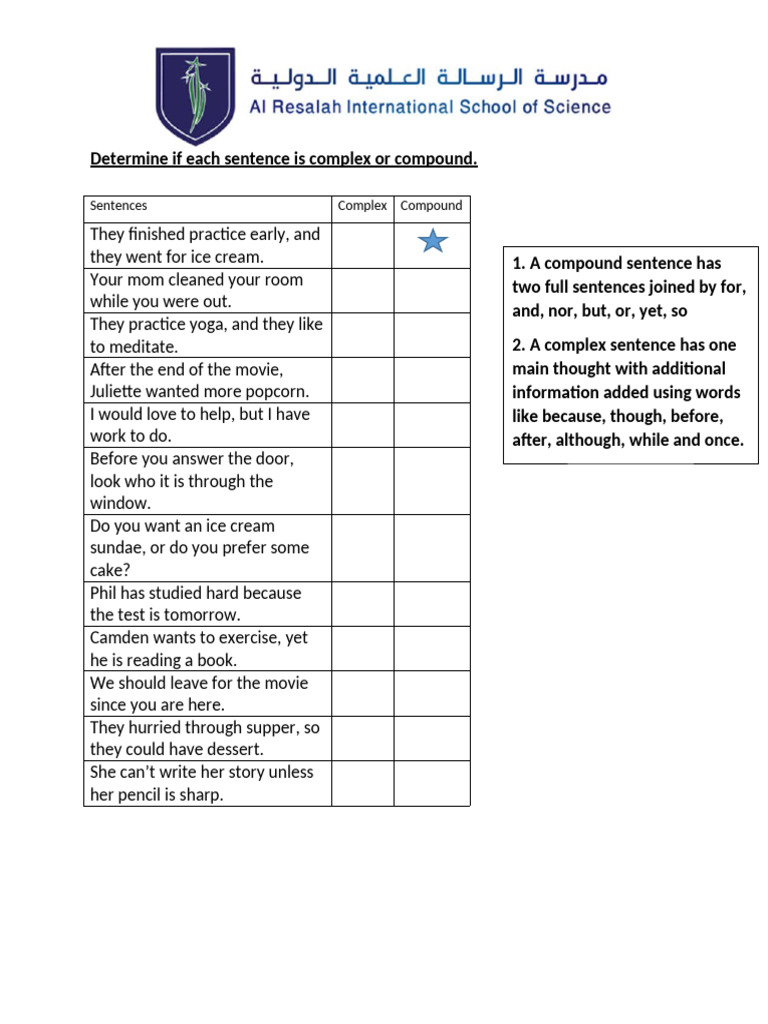 Grade 5 Worksheet (Complex-Compound) | PDF