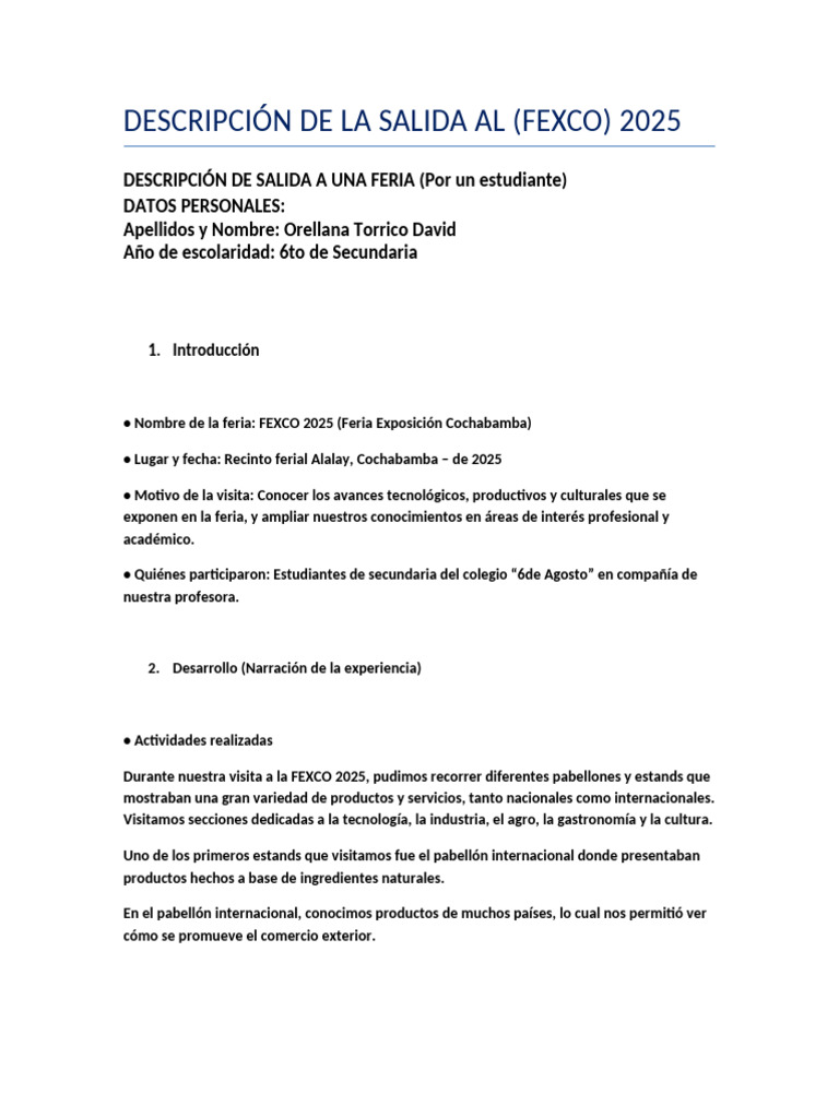 Trabajo Final de La Salida Al FEXCO | PDF | Experiencia