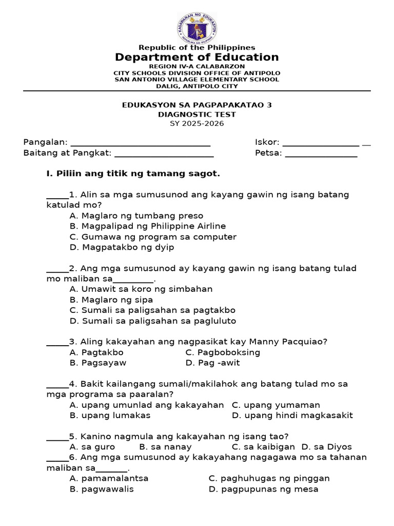 Diagnostic Test in GMRC 3 | PDF