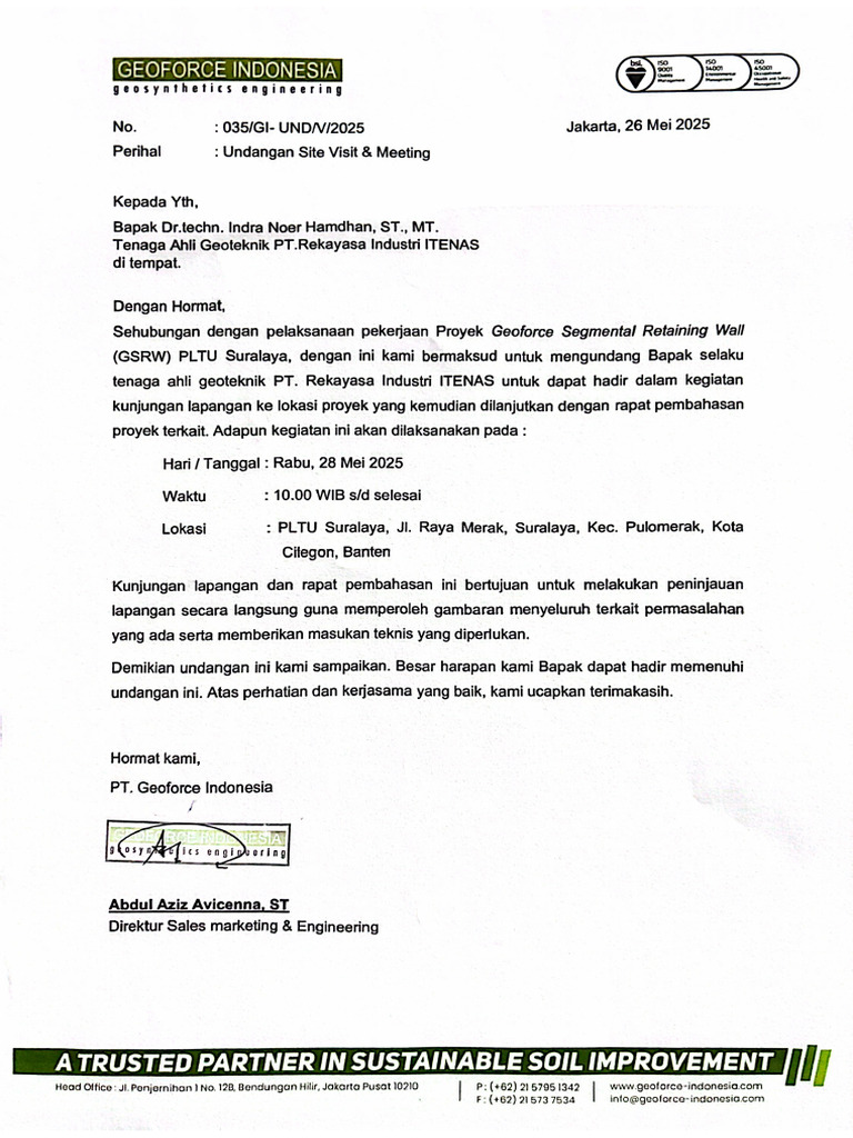 Surat Undangan Site Visit PT. Rekinas - GSRW PLTU Suralaya | PDF