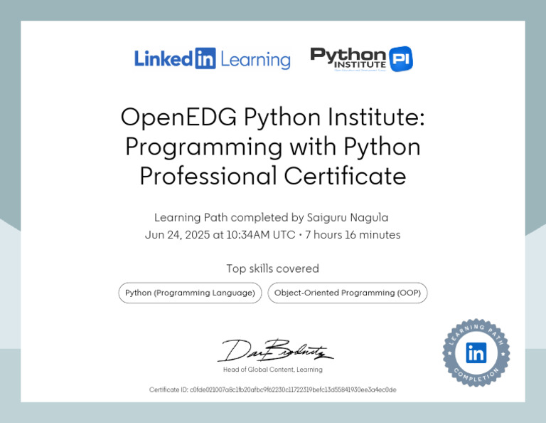 CertificateOfCompletion - OpenEDG Python Institute Programming With Python Professional ...