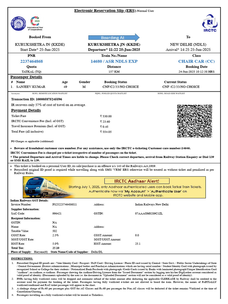 Asr Ndls Exp Chair Car (CC) | PDF | Identity Document | Payments