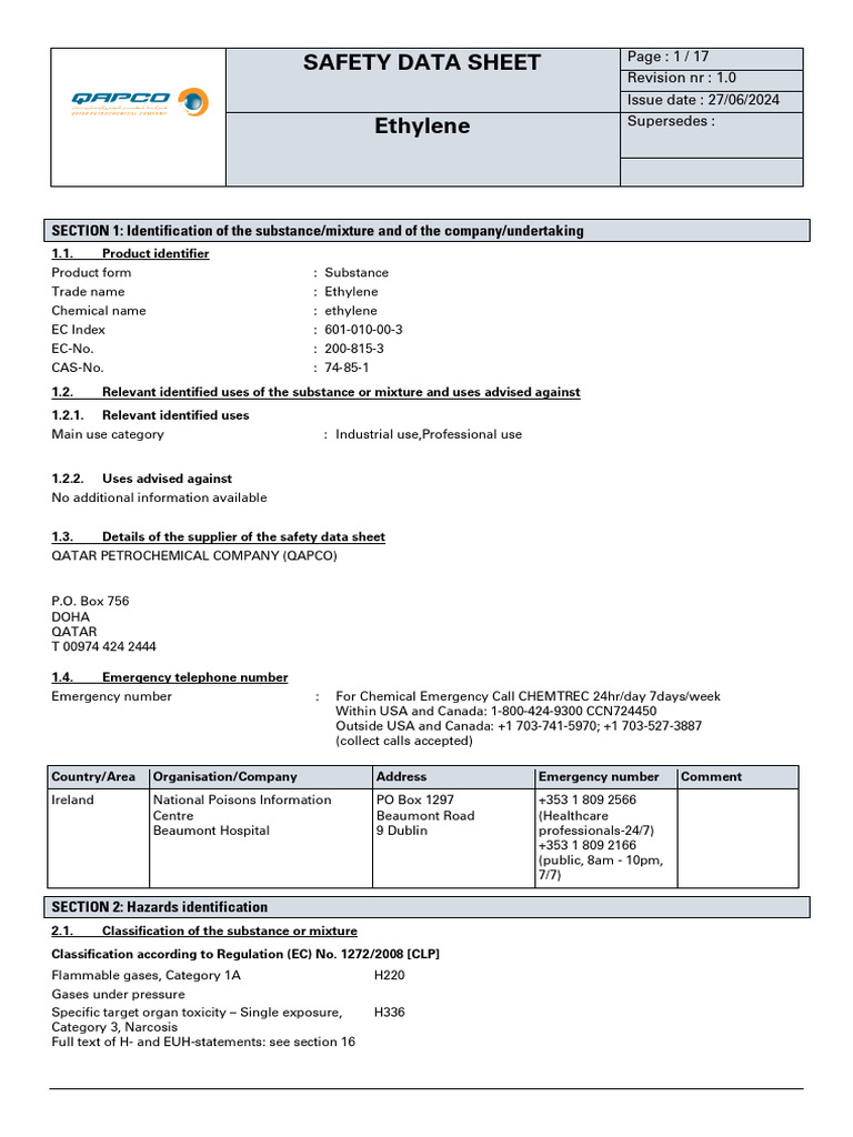 Chemicals Ethylene MSDS | PDF | Firefighting | Personal Protective Equipment