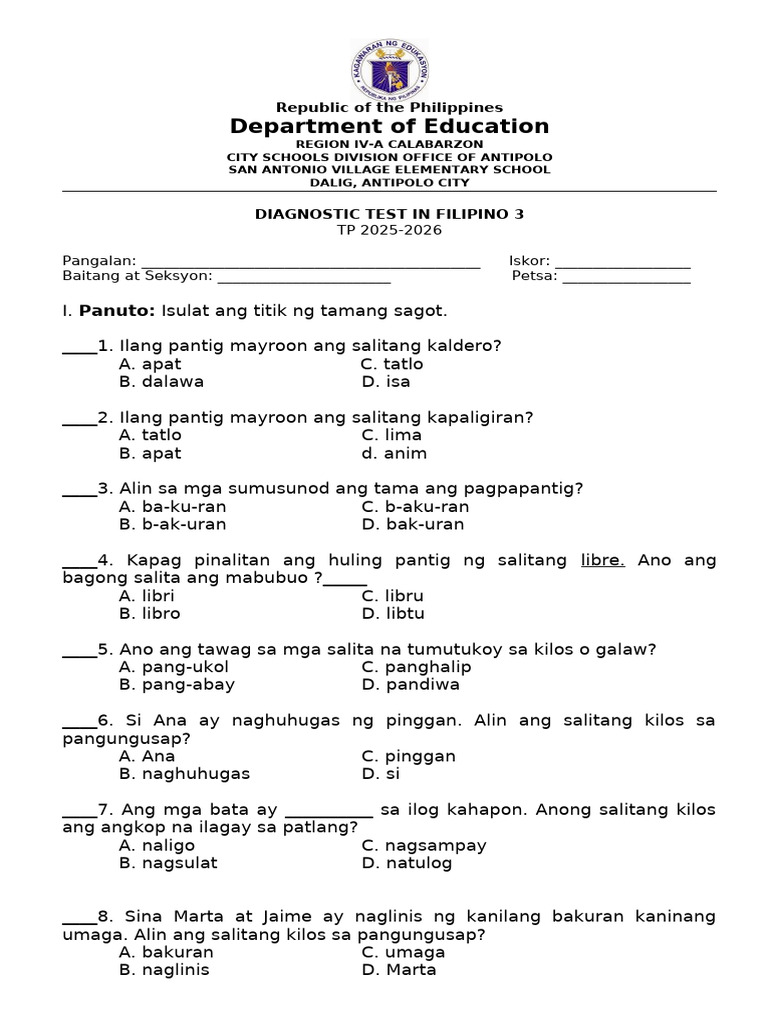 Diagnostic Test in Filipino | PDF