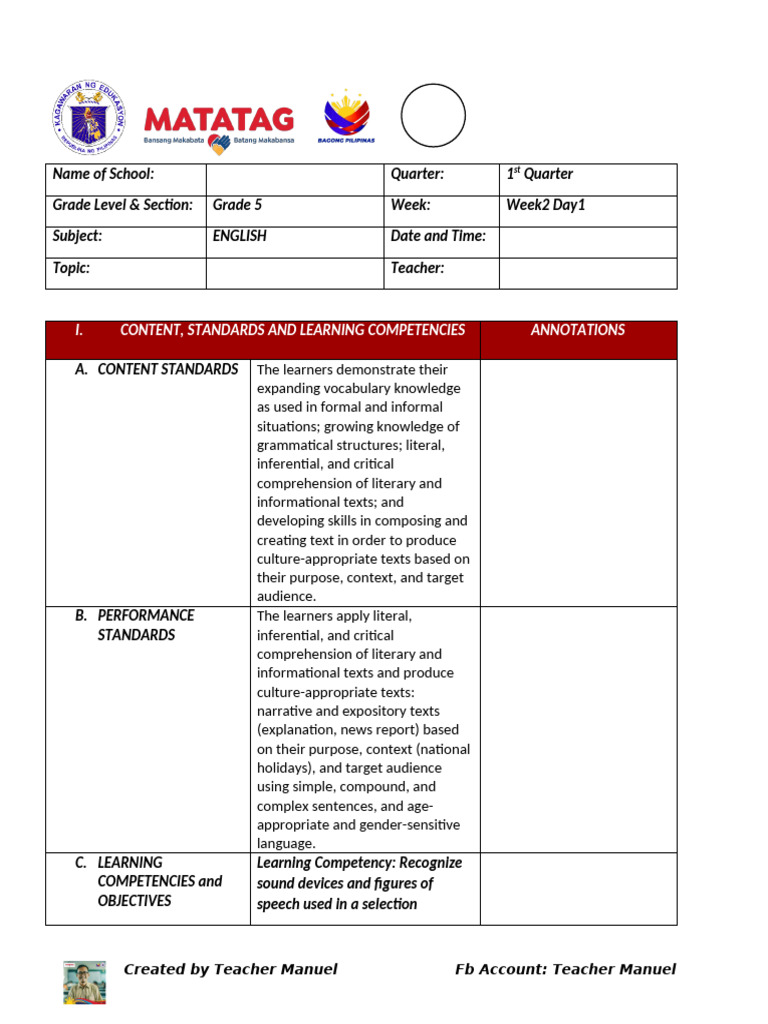 English 5 Quarter 1 Week 2 Day 1 | PDF | Poetry | Metaphor