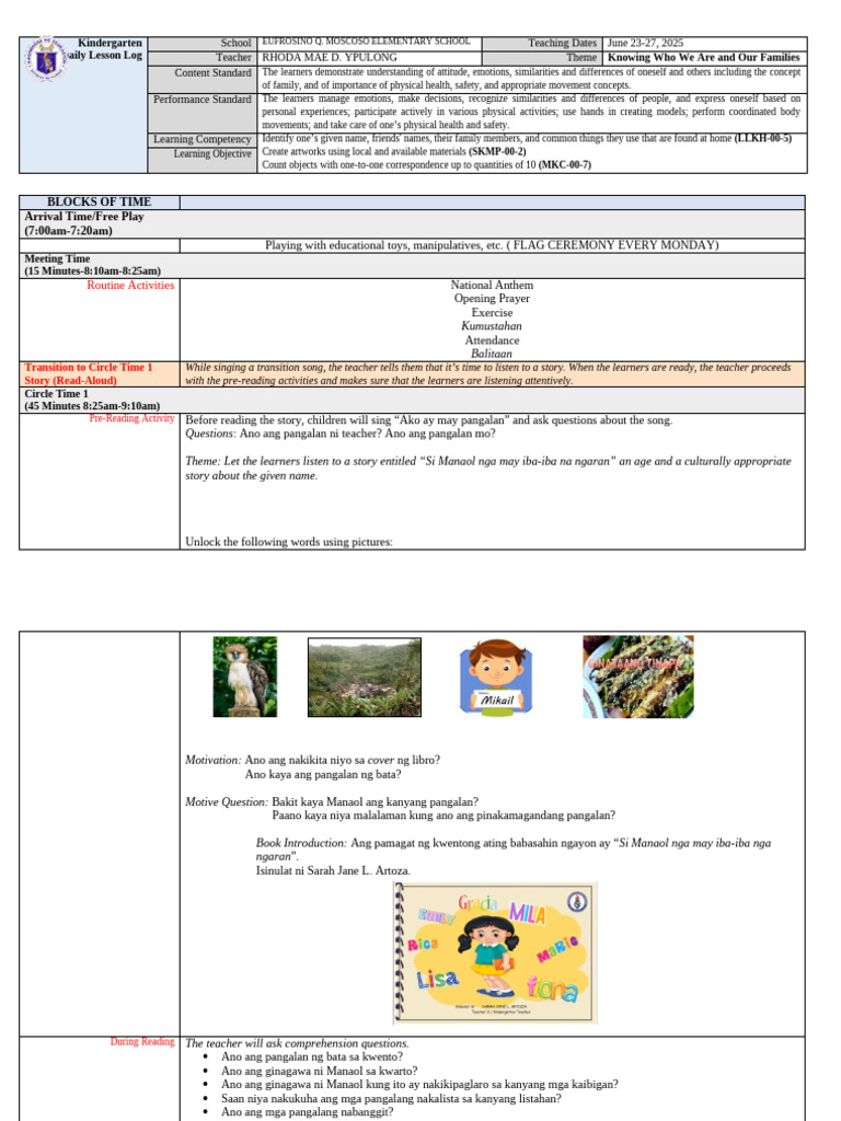 Kindergarten Matatag Curriculum Sample Lesson Plan | PDF