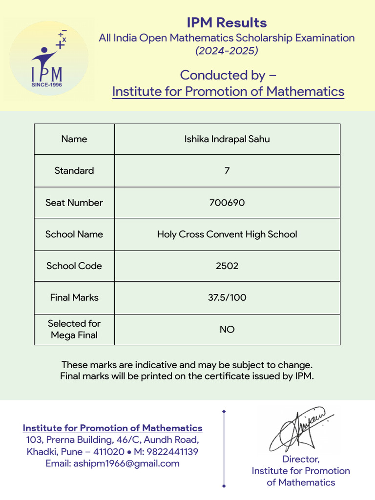 Conducted by - Institute For Promotion of Mathematics: IPM Results | PDF