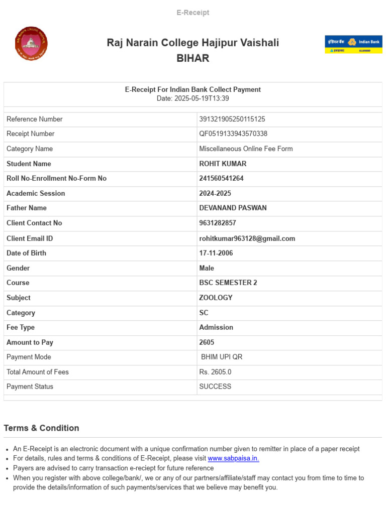 E-Receipt for Raj Narayan College | PDF