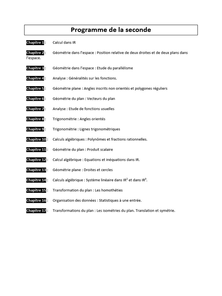 Programme de Mathématiques en Seconde | PDF
