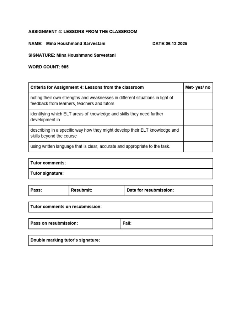 Assignment 4 Lftc Mina Houshmand Sarvestani Pdf Teachers Learning