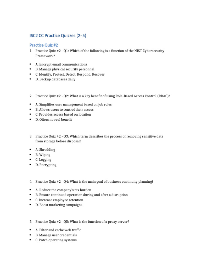 ISC2 CC Practice Quizzes 2 To 3 With Answers at End | PDF | Security | Computer Security