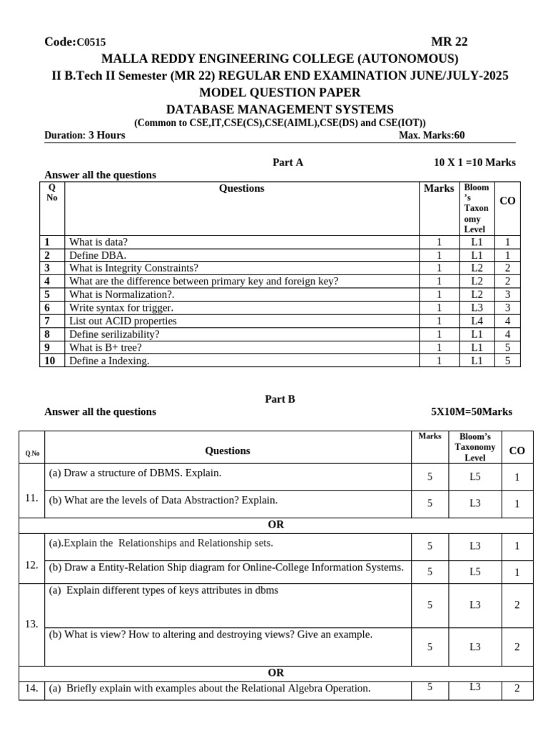 DBMS Model Question Paper 2025 | PDF | Databases | Data Management Software