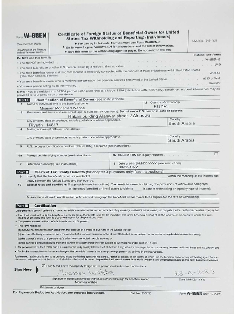 Form W-8 BEN-Wahba | PDF