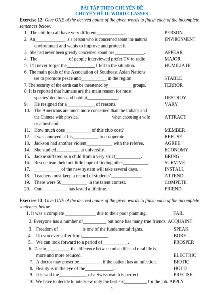 Derived Nouns Exercise for Word Classes | PDF