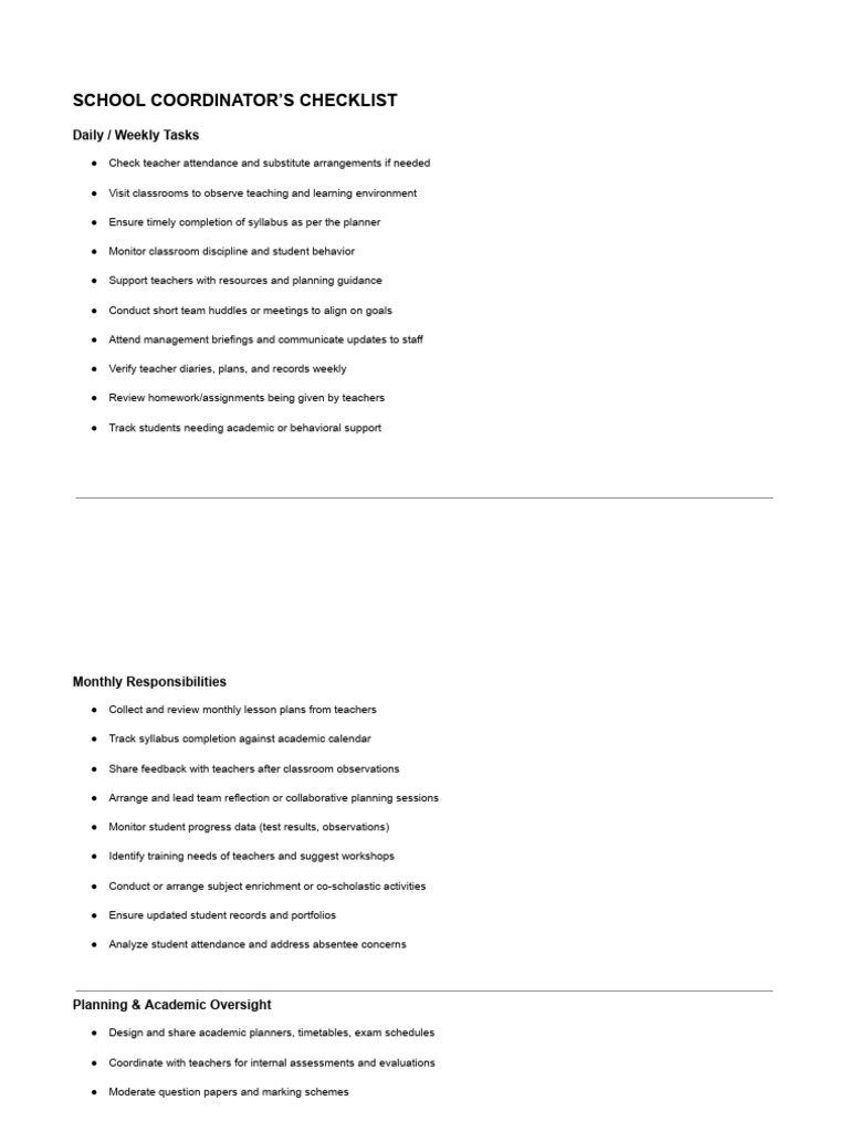 School Coordinator's Task Checklist | PDF | Teachers | Lesson Plan