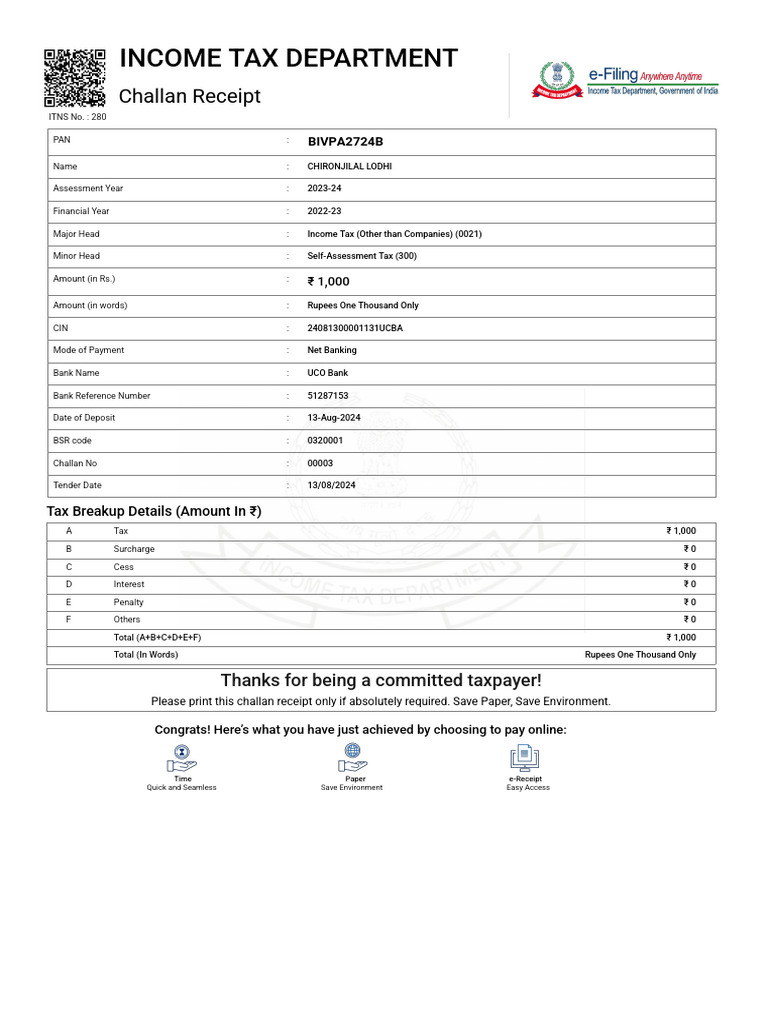 Satyam Income Tax Challan | PDF | Taxes | Money