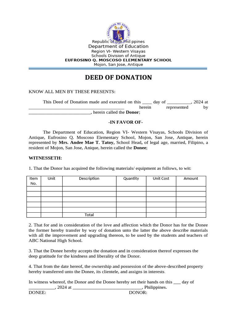 Deed of Donation for School Equipment | PDF | Property Law | Civil Law ...