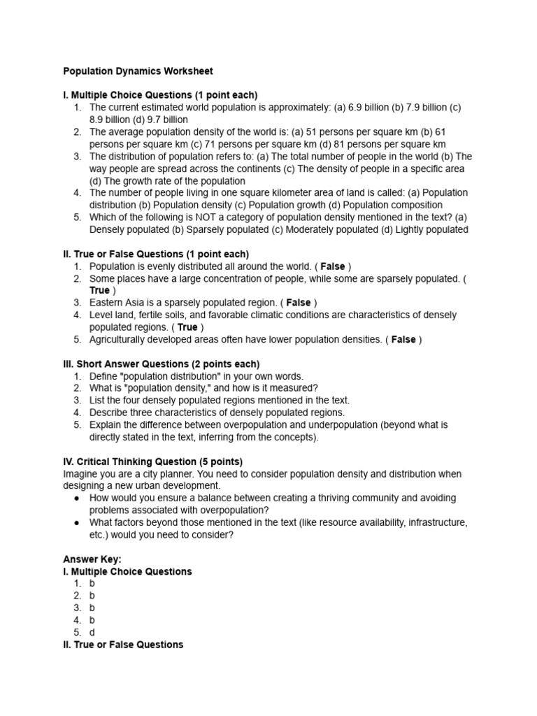 Population Dynamics Worksheet | PDF | Population Density | Human ...