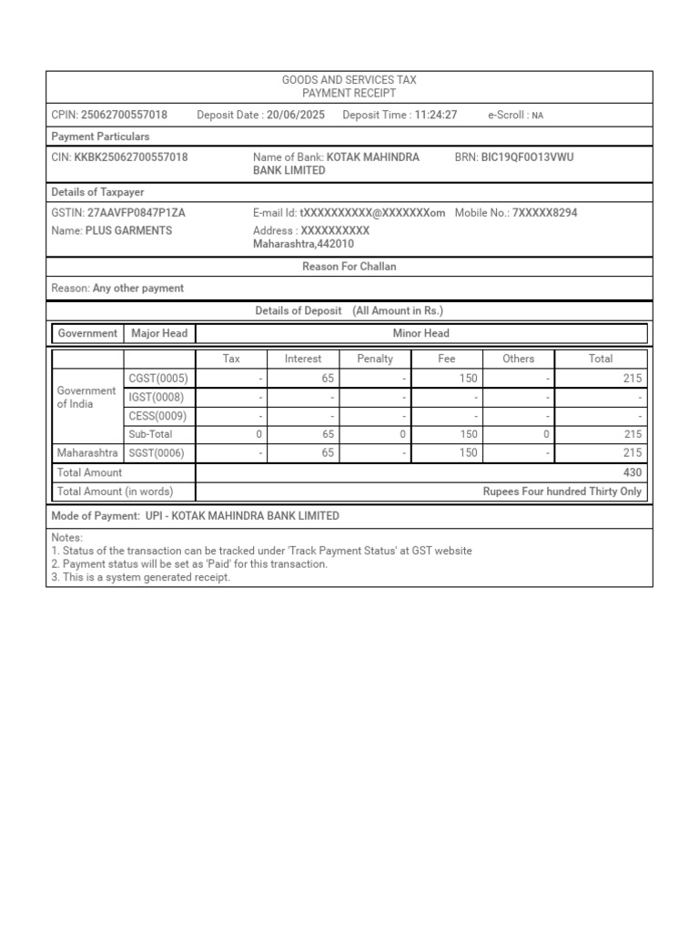 GST Payment Receipt for Plus Garments | PDF
