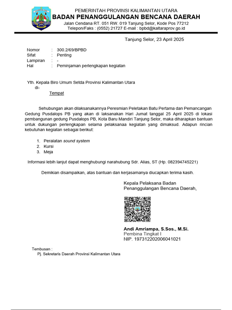 Permohonan Perlengkapan Acara Pusdalops | PDF