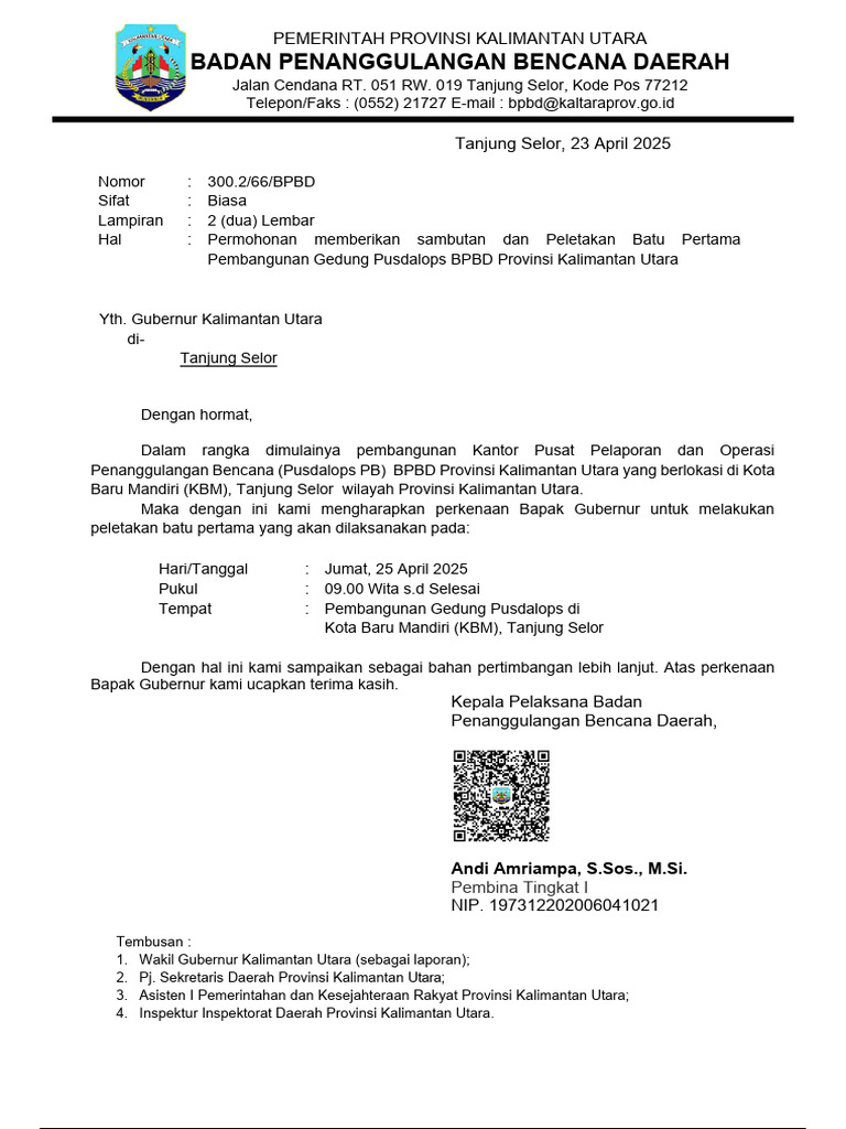 Permohonan Peresmian Gedung Pusdalops PB | PDF