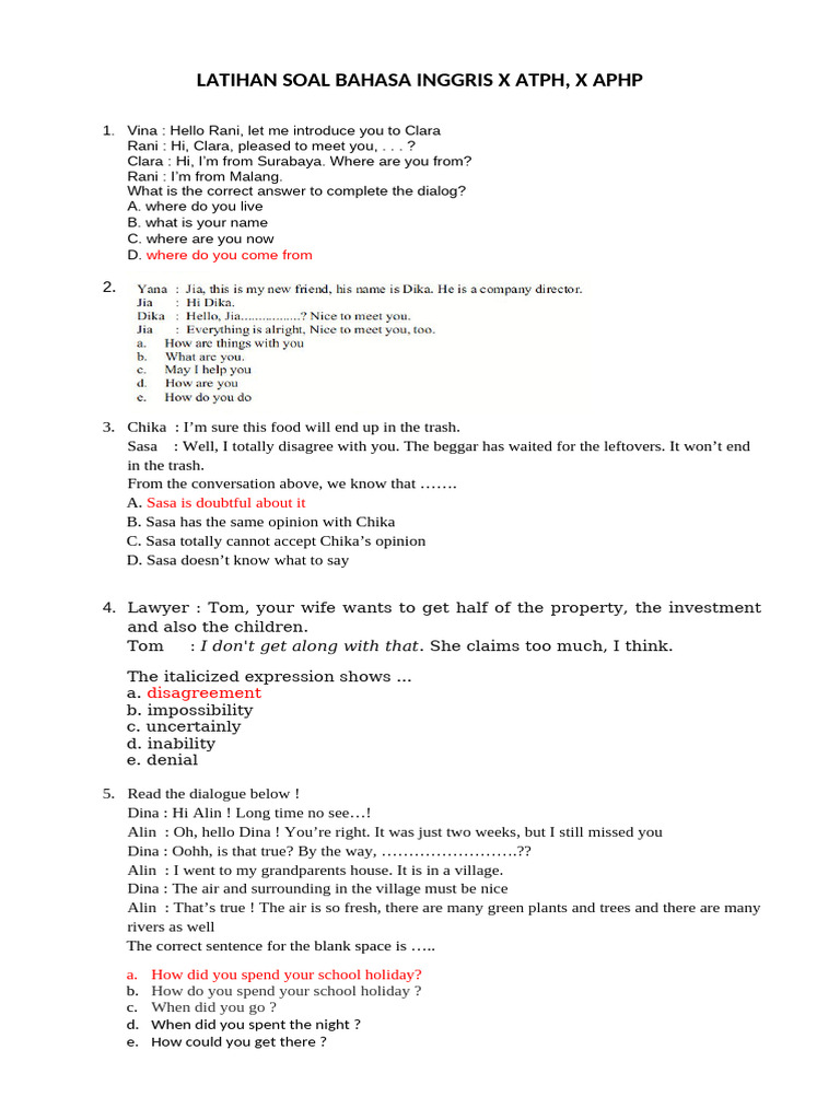 Latihan Soal Bahasa Inggris x Atph, Aphp | PDF