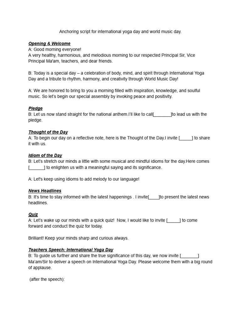 Anchoring Script For International Yoga Day and World Music Day | PDF