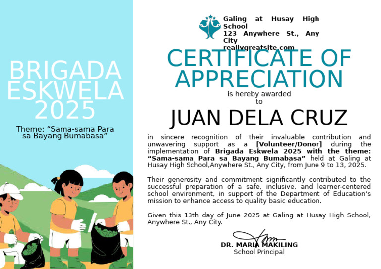 Brigada Eskwela Certificate of Appreciation in Pastel Cyan, Golden ...