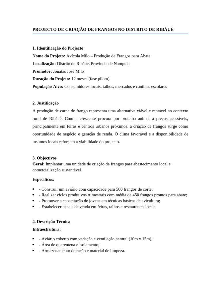 Projeto Avícola em Ribáuè: Criação de Frangos | PDF | Custo | Avicultura