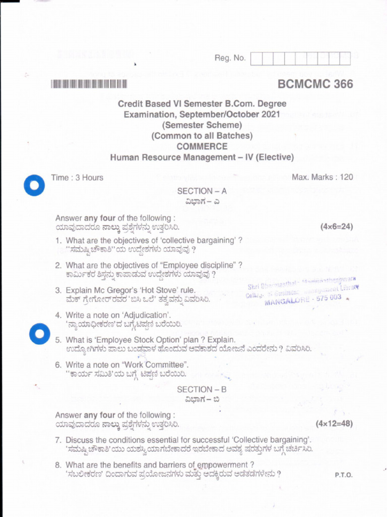 BCOM VI Semester Human Resource Management Sep 2021 | PDF