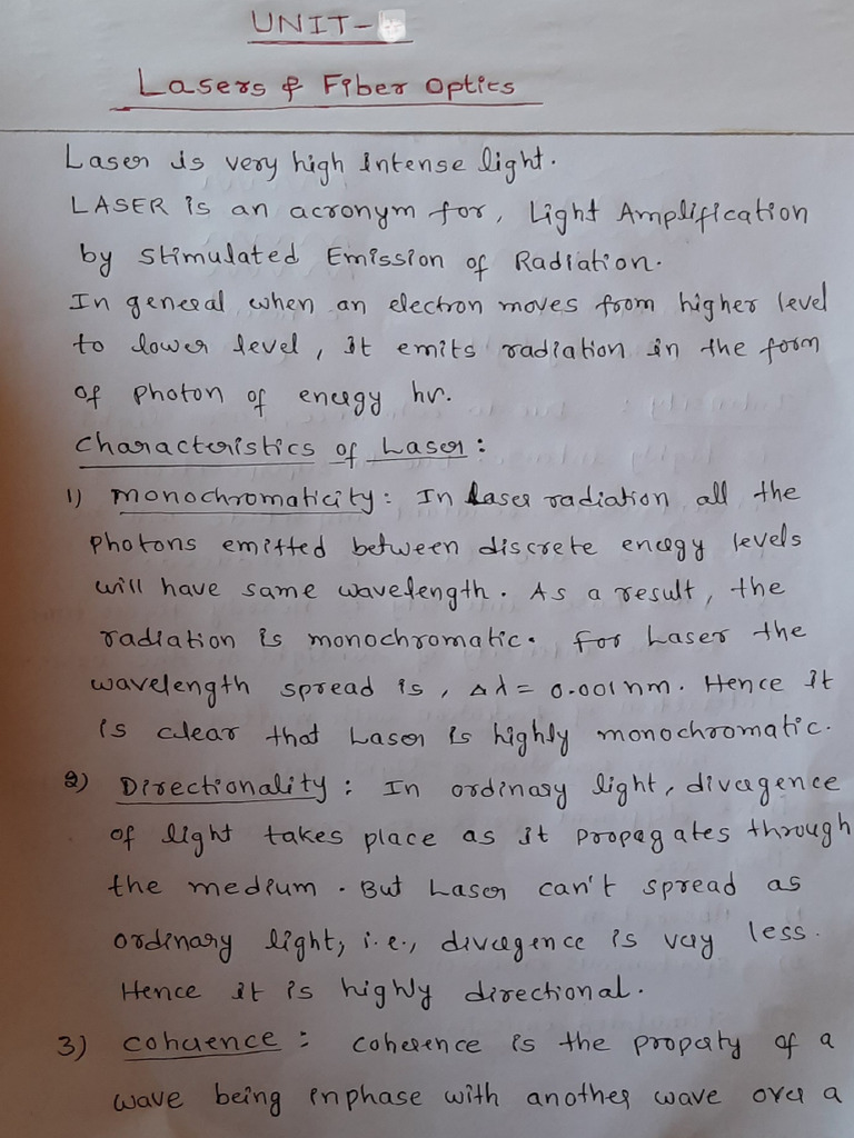 Unit V - Lasers and Fiber Optics | PDF