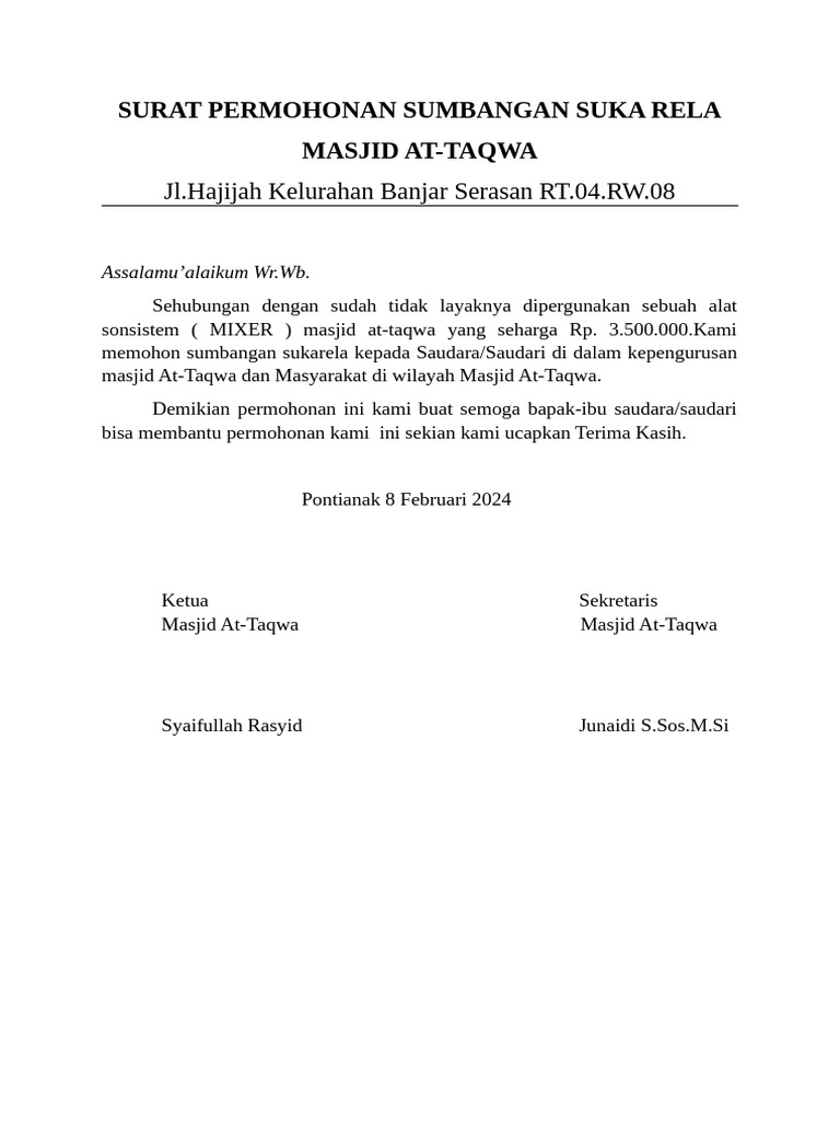 Surat Permohonan Sumbangan Suka Rela | PDF