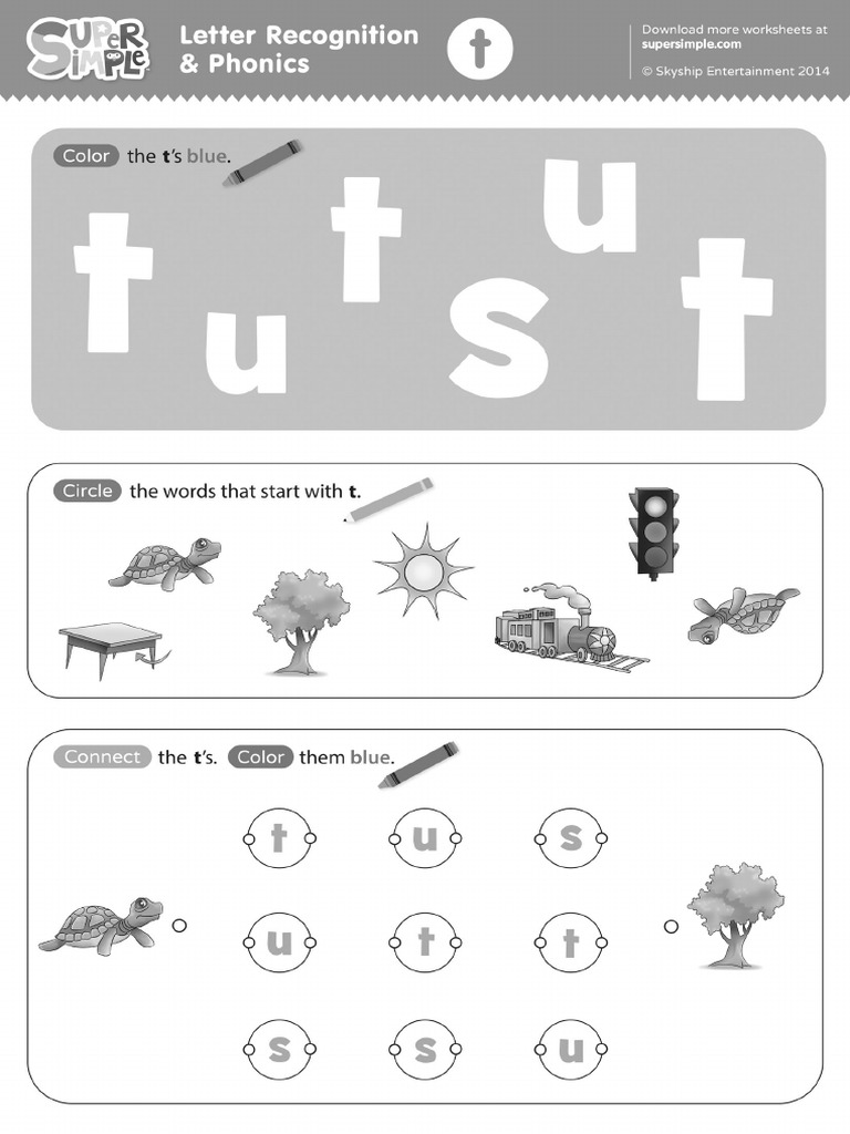 Letter Recognition Phonics T Lowercase BW | PDF