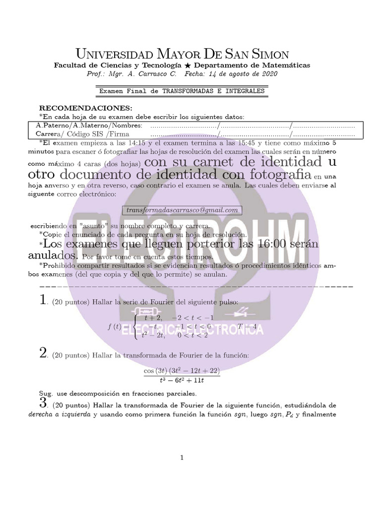 Examen Final de Transformadas 1 2020 Publicar | PDF