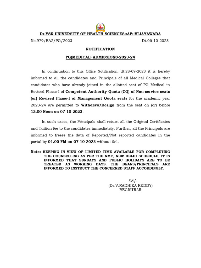 PG (Medical) Admissions 2023-24 - Notification To Withdraw From The ...