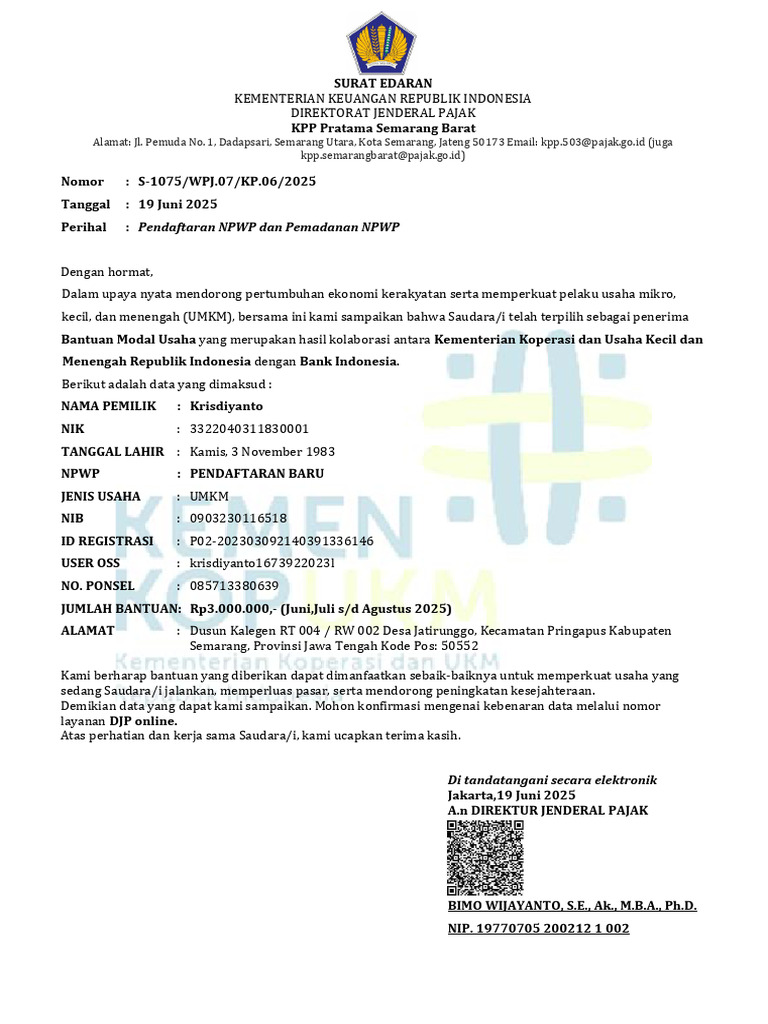Pendaftaran Dan Pemadanan NPWP UMKM Krisdiyanto | PDF