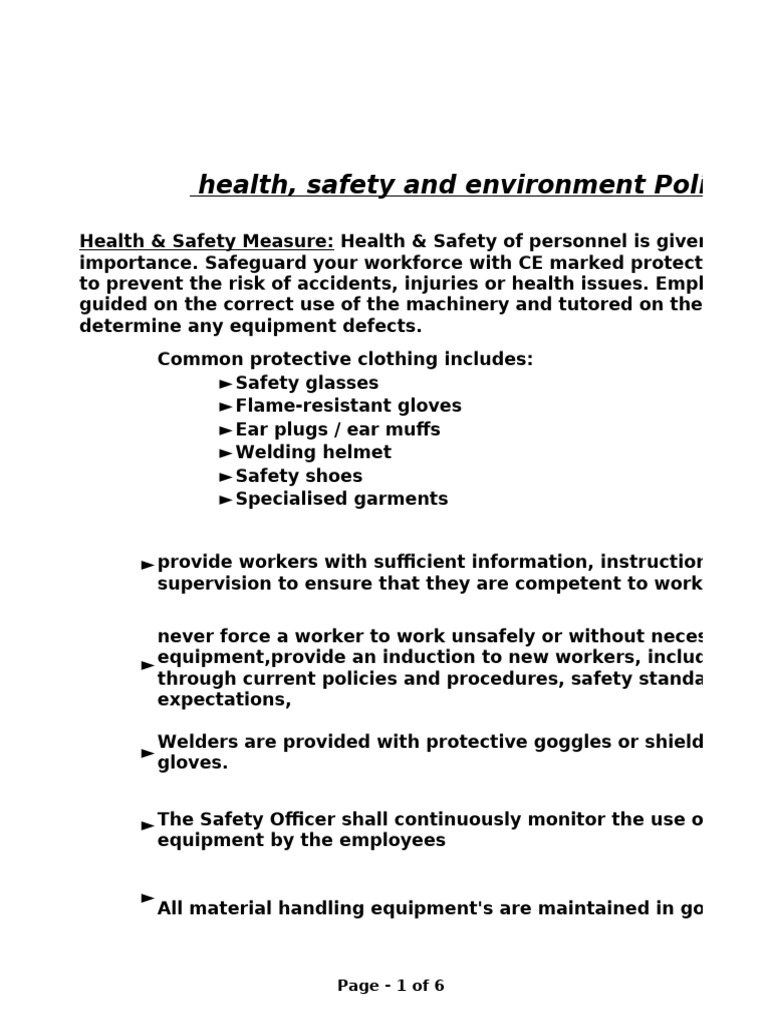 Health, Safety and Environment Policy | PDF | Safety | Crane (Machine)