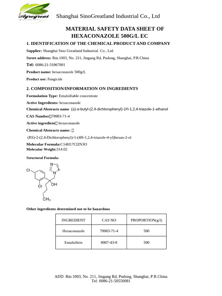 06-MSDS-Hexaconazole 50g Ec | PDF | Personal Protective Equipment | Chemical Substances